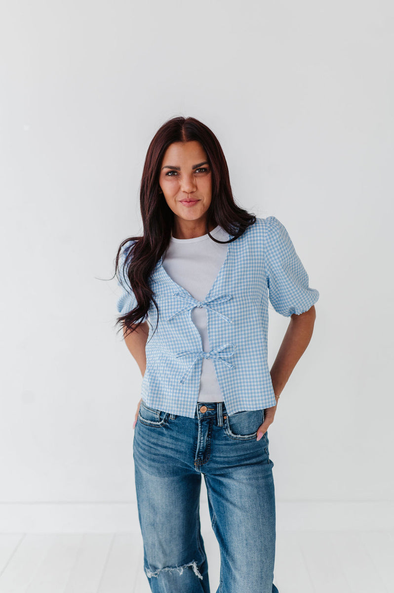 Finley Tie Front Top in Blue - Size Large Left – Livy&Kate Clothing